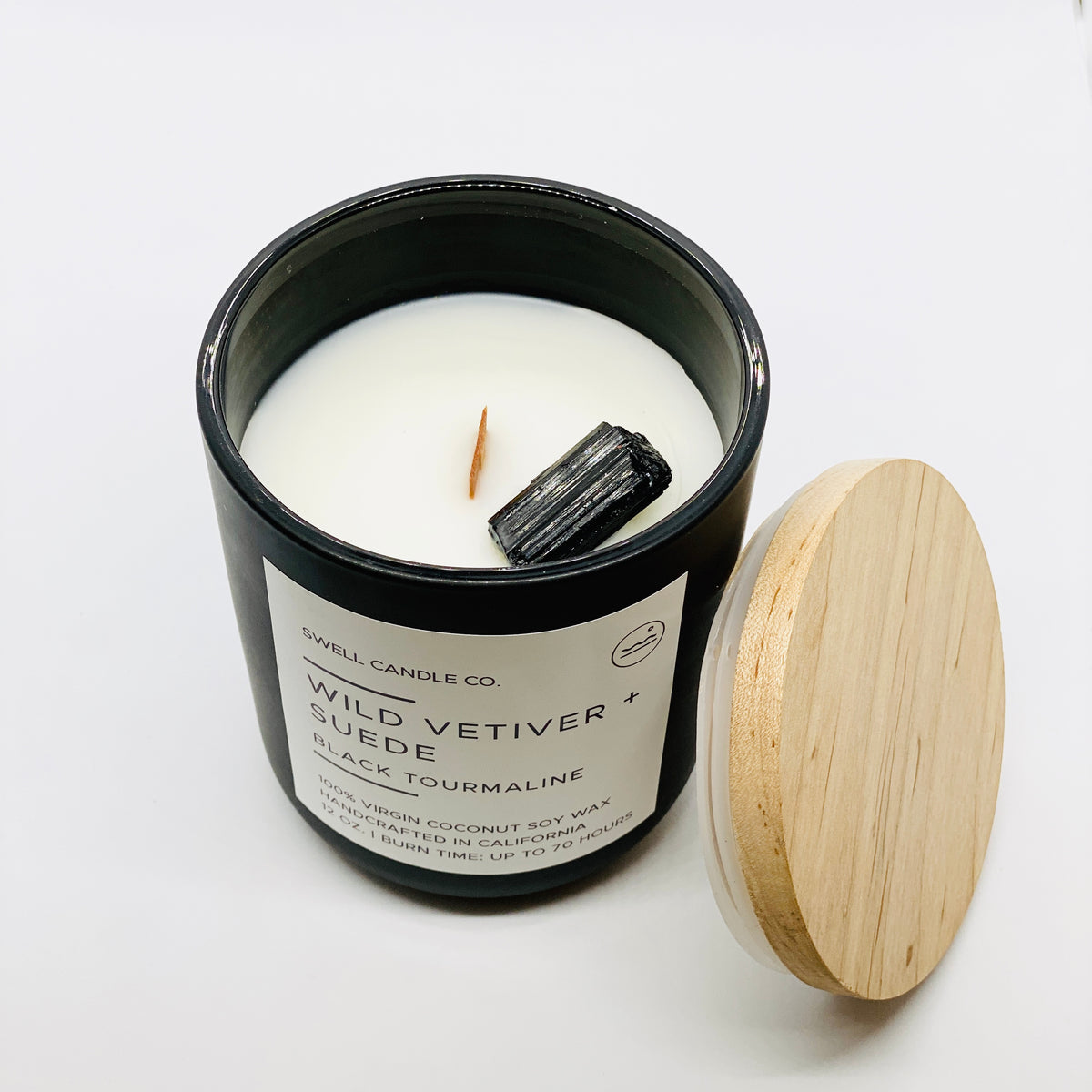 Wild Vetiver + Suede Coconut Soy Candle with Wooden Wick & Tourmaline ...